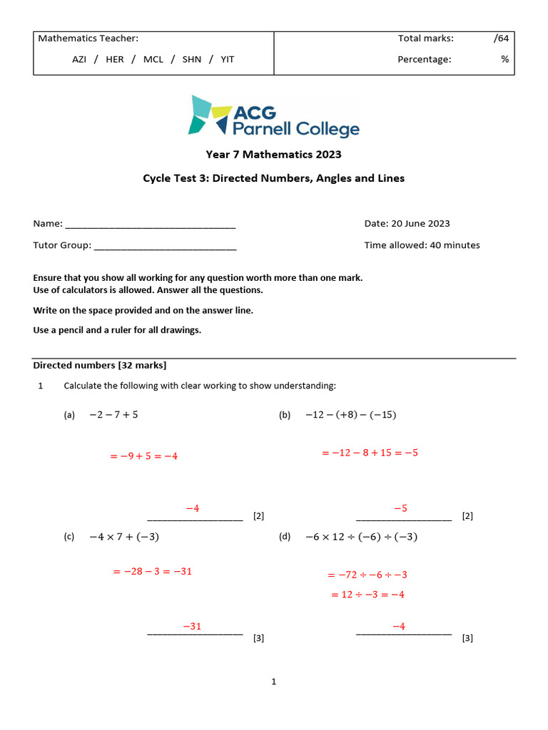 Math Year 07 Test 03 2023 Directed Numbers Angles and Lines Solution ...