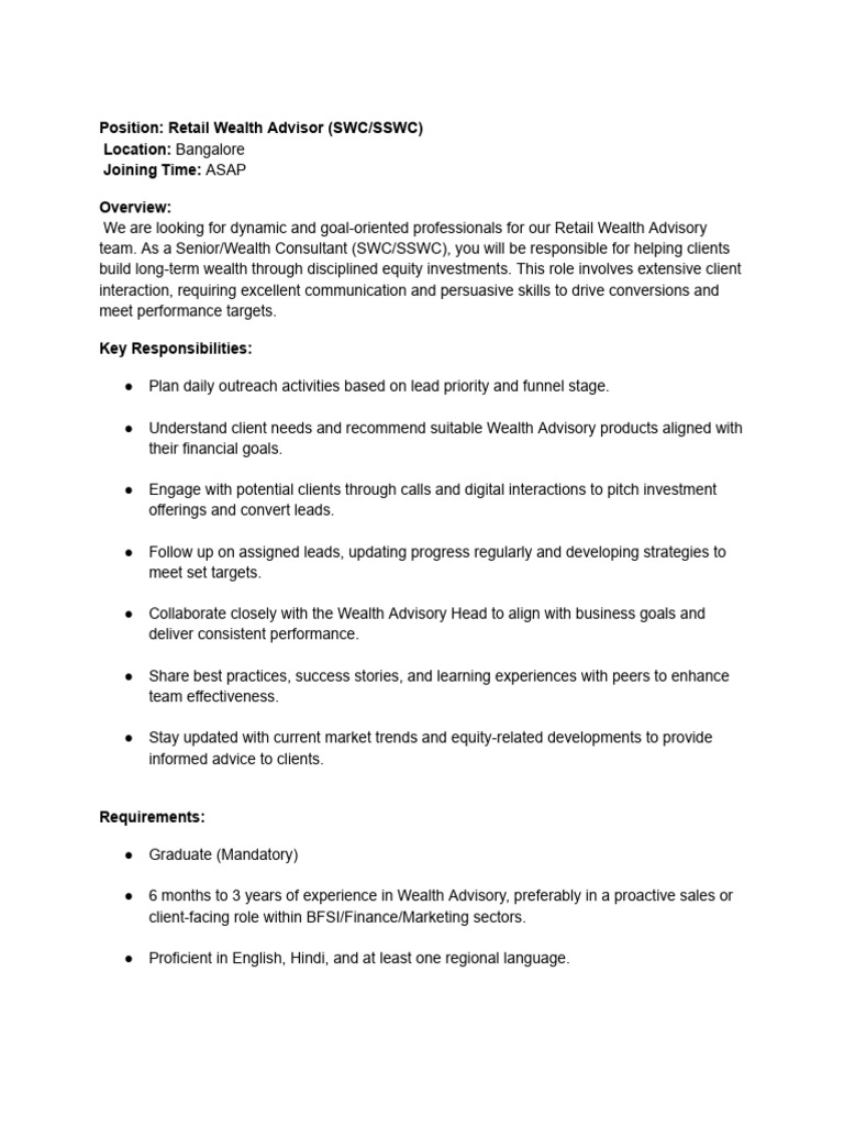 Retail Wealth Advisor Position in Bangalore | PDF