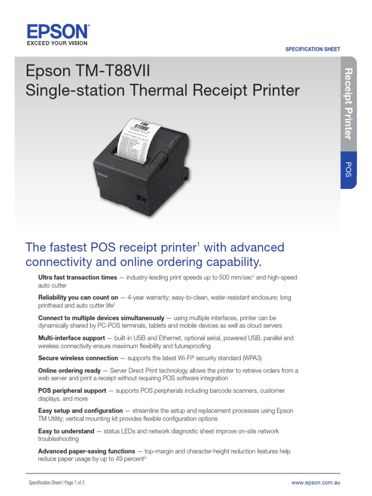 TM T88VII Specification Sheet | PDF | Printer (Computing) | Point Of Sale