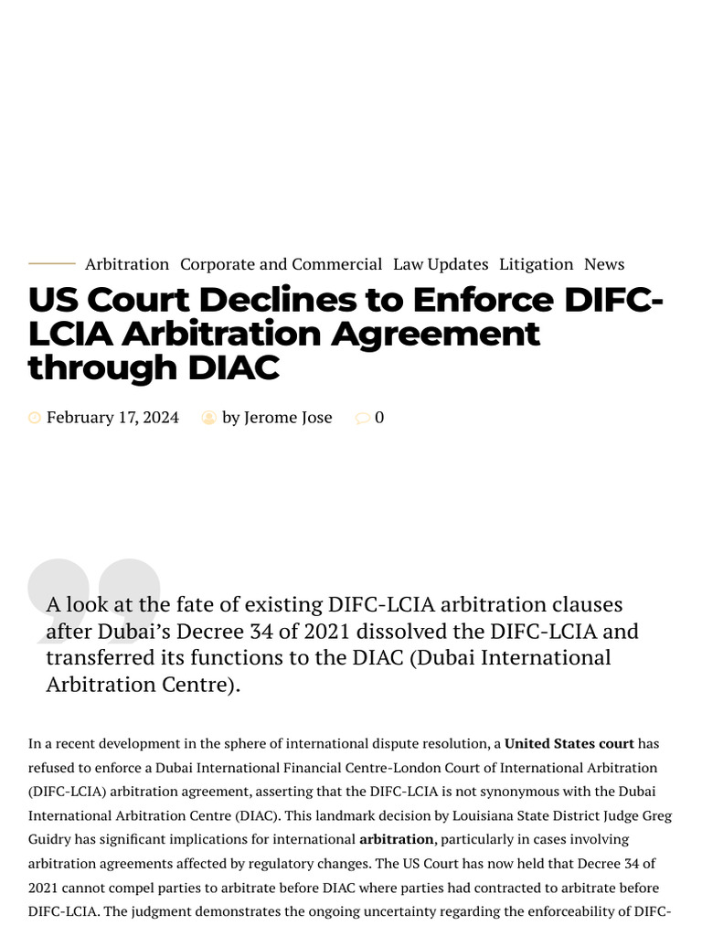 US Court Declines To Enforce DIFC-LCIA Arbitration Agreement Through ...