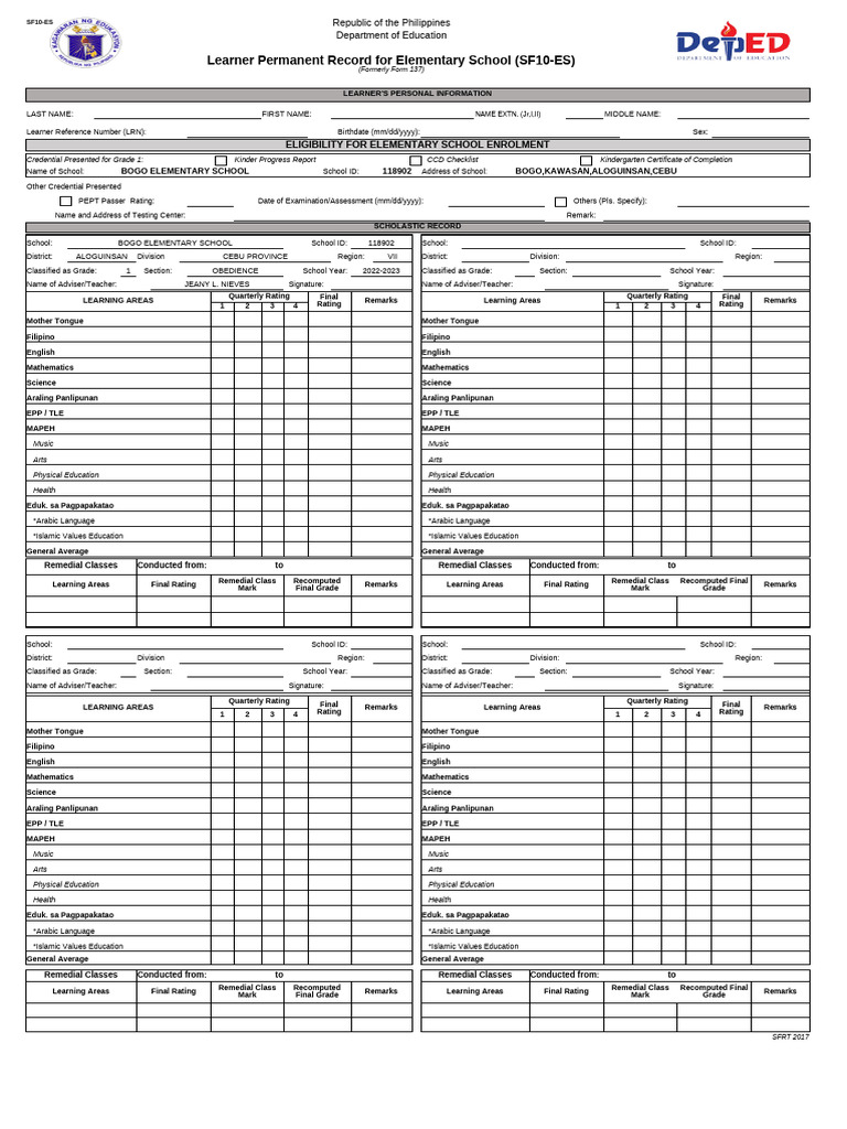 Learner's Personal Info & Scholastic Record | PDF | Cognition ...