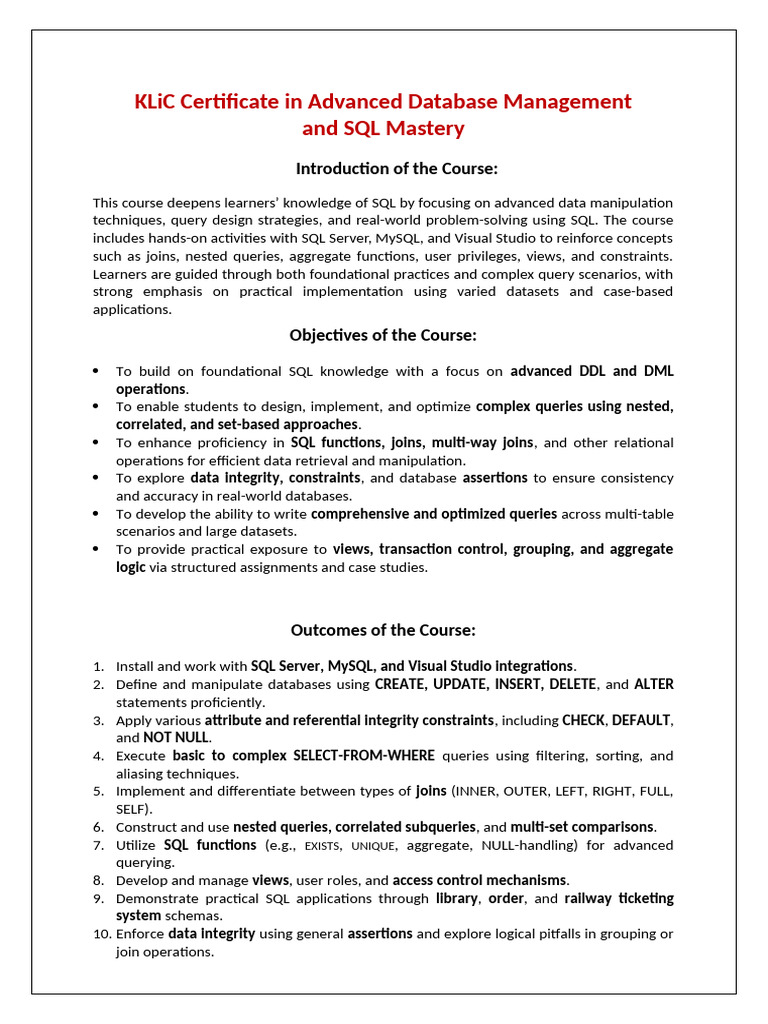 004 Advanced Database Management and SQL Mastery (Credit 2-30 HR) - Syllabus | PDF | Sql | Databases