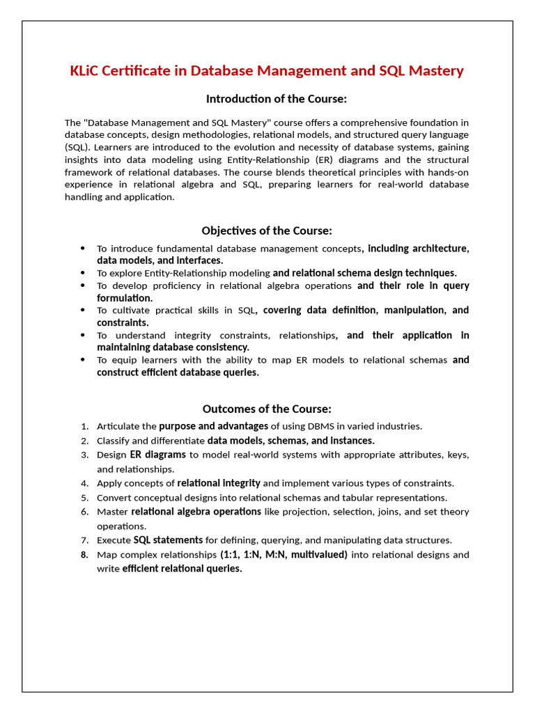 006 Database Management and SQL Mastery (Credit 1-30 HR) - Syllabus | PDF | Databases ...