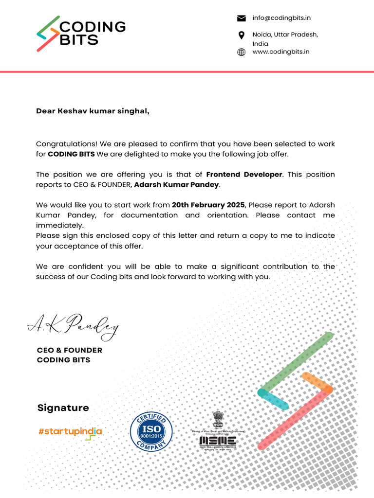 Keshav Kumar Singhal Coding Bits Offer Letter. | PDF