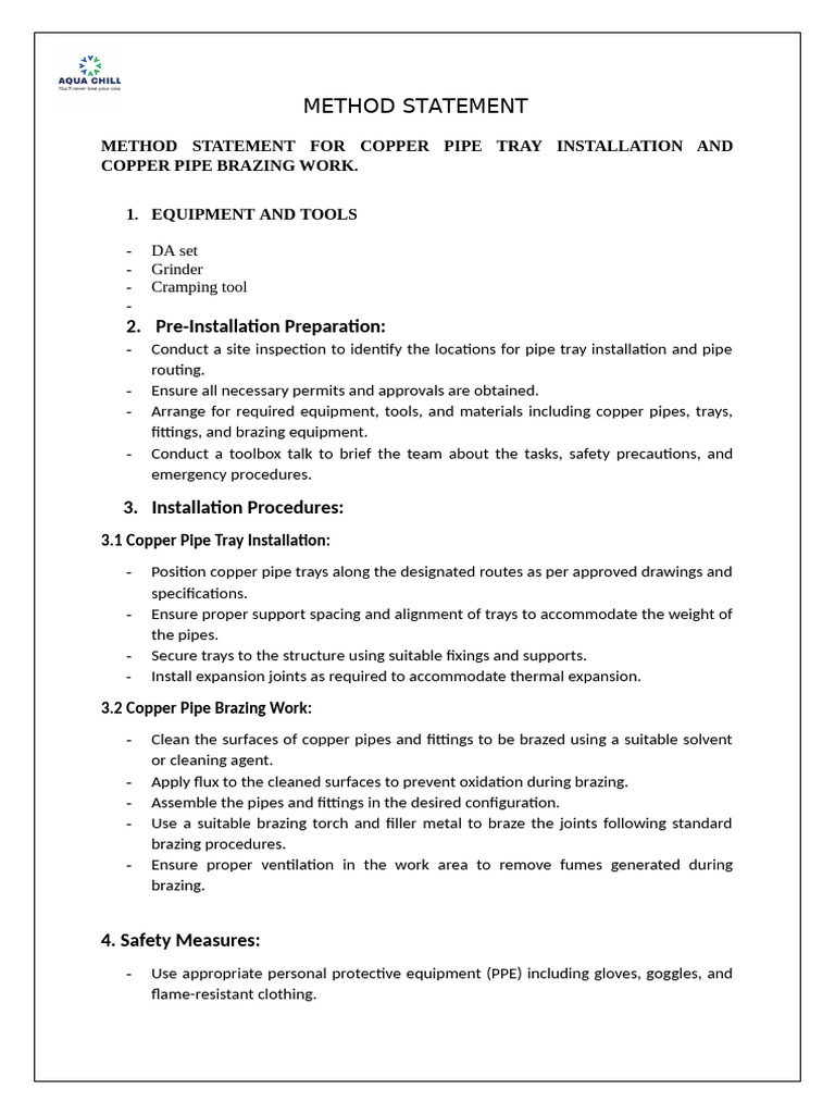 Copper Pipe Tray Installation & Brazing Safety | PDF | Pipe (Fluid ...