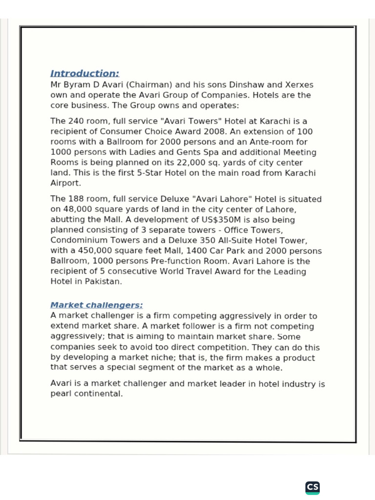 Avari Group of Hotel Interns Project 2025 | PDF