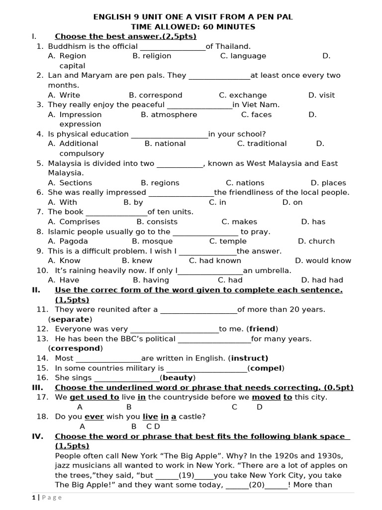 Test English 9 Unit 1 A Visit From A Pen Pal 19.10.2021 | PDF | New ...