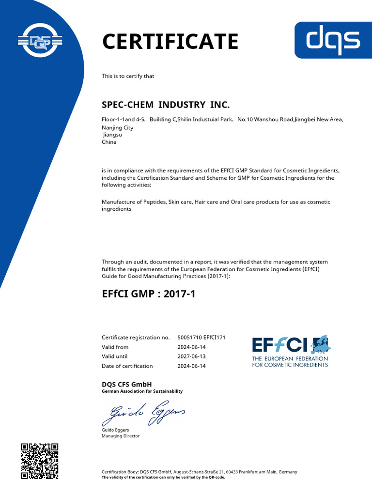 EFfCI GMP Certification for SPEC-CHEM | PDF