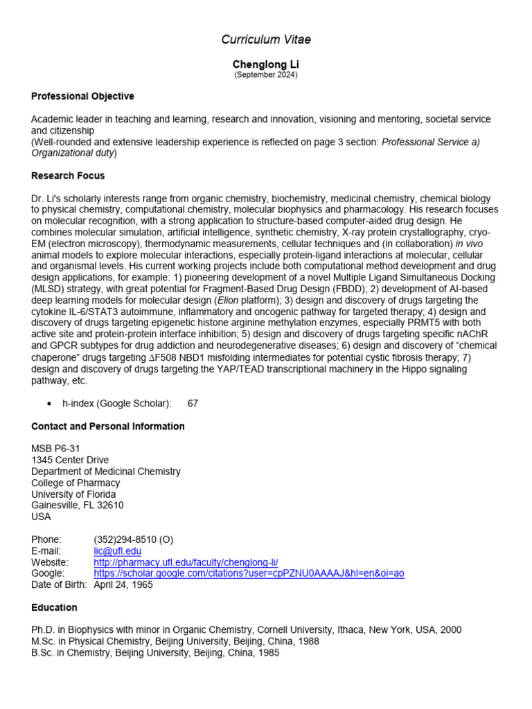Chenglong Li (183408) - Curriculum Vitae | PDF | Medicinal Chemistry ...