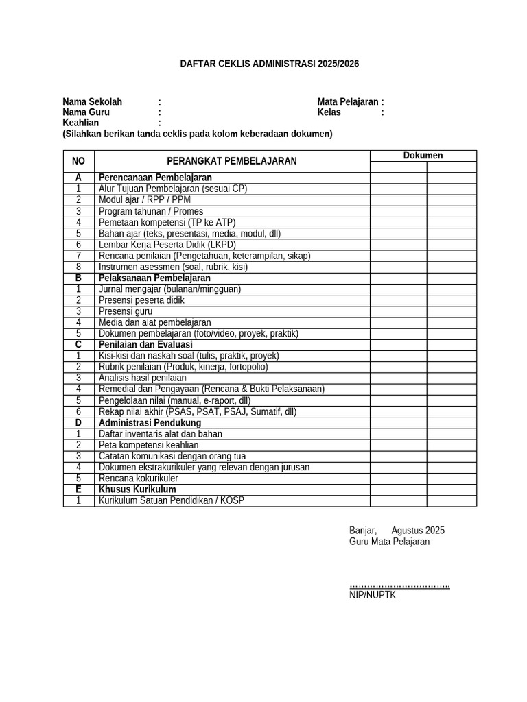 Daftar Ceklis Administrasi 2025 | PDF