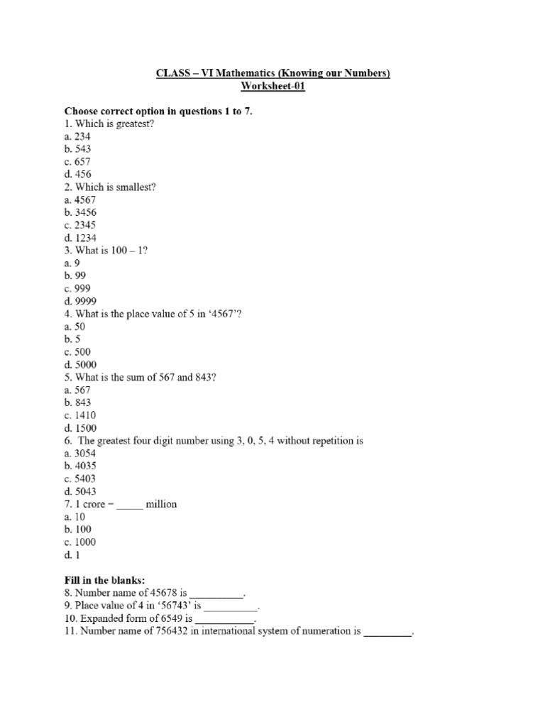 Class VI Math Worksheet | PDF