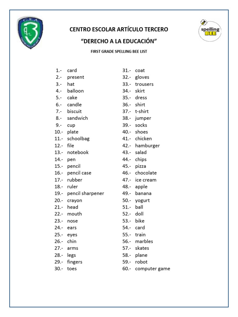 Spelling Bee First Grade | PDF