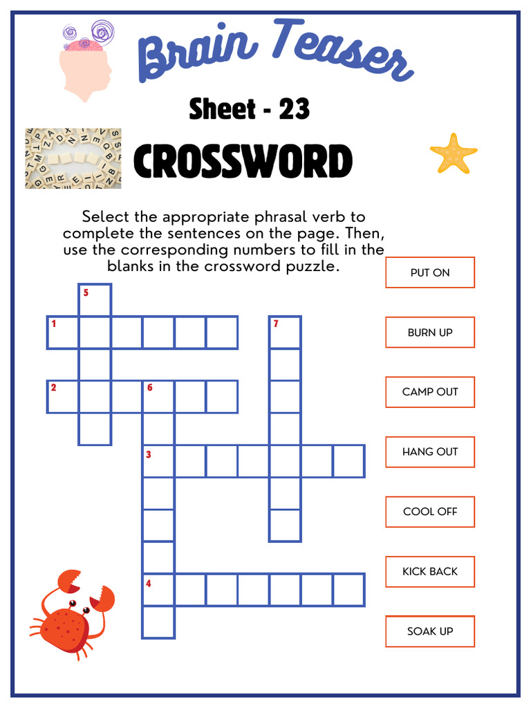 ELA English Summer Phrasal Verbs Crossword Puzzle Printable Worksheet ...