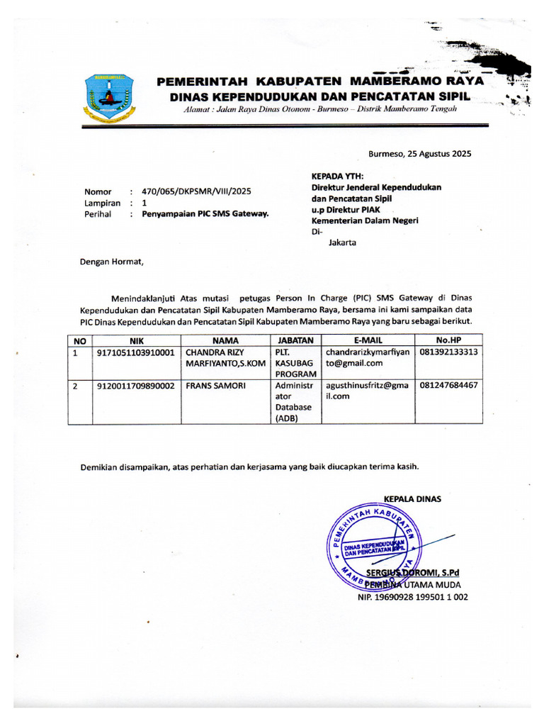 Surat PIC Gateway Dukcapil Mamberamo Raya | PDF