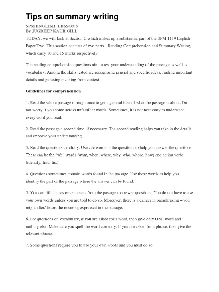 Summary Writing Tips for SPM English | PDF | Reading Comprehension ...
