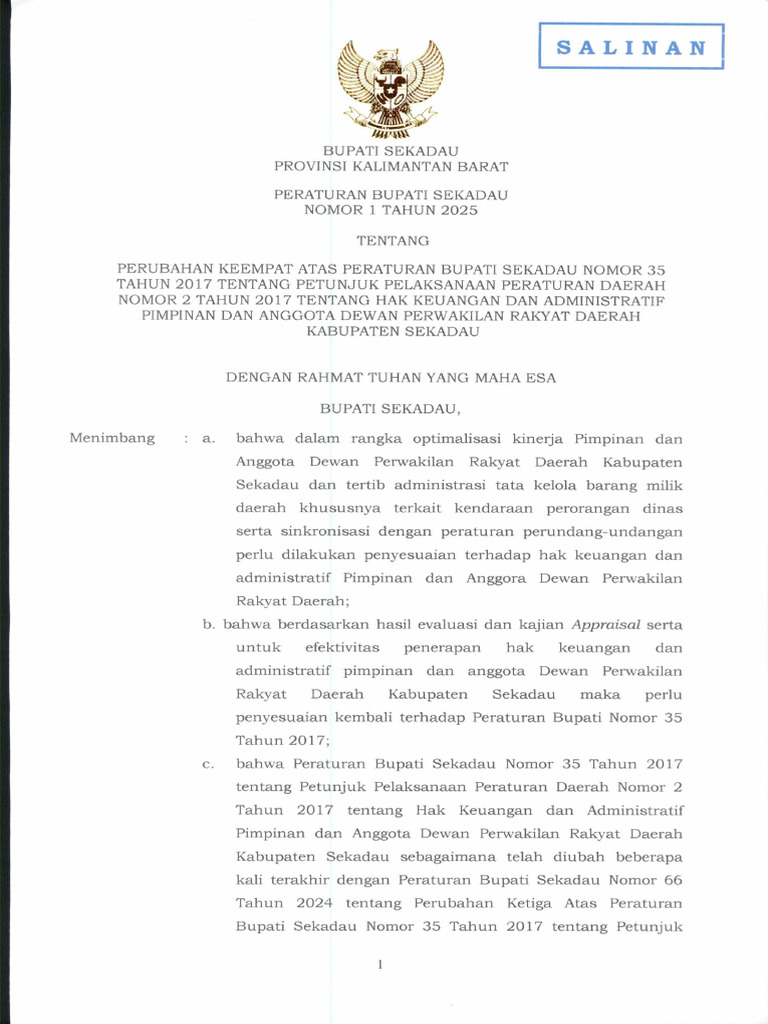 Salinan Perbup Perubahan Keempat Tentang Hak Keuangan Dan Administratif ...