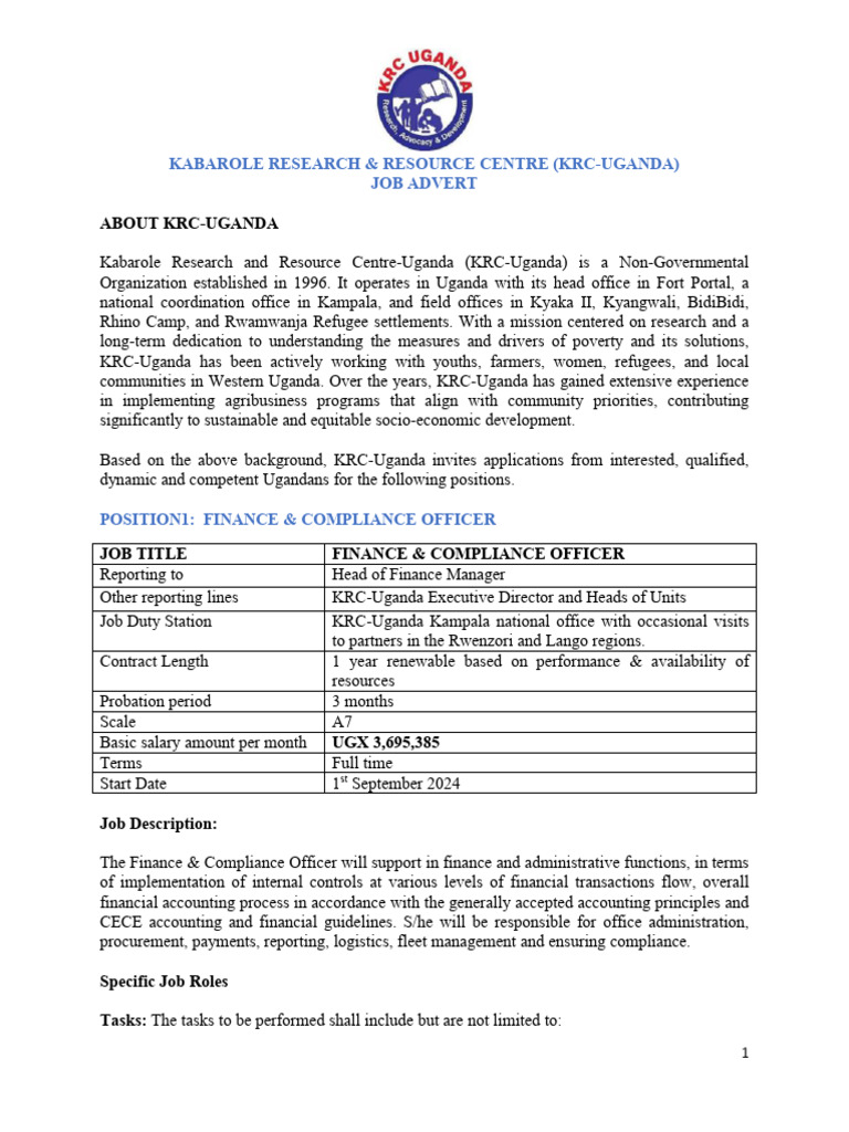 Krc-Uganda Job Advert-July 2024 | PDF | Regulatory Compliance | Human ...
