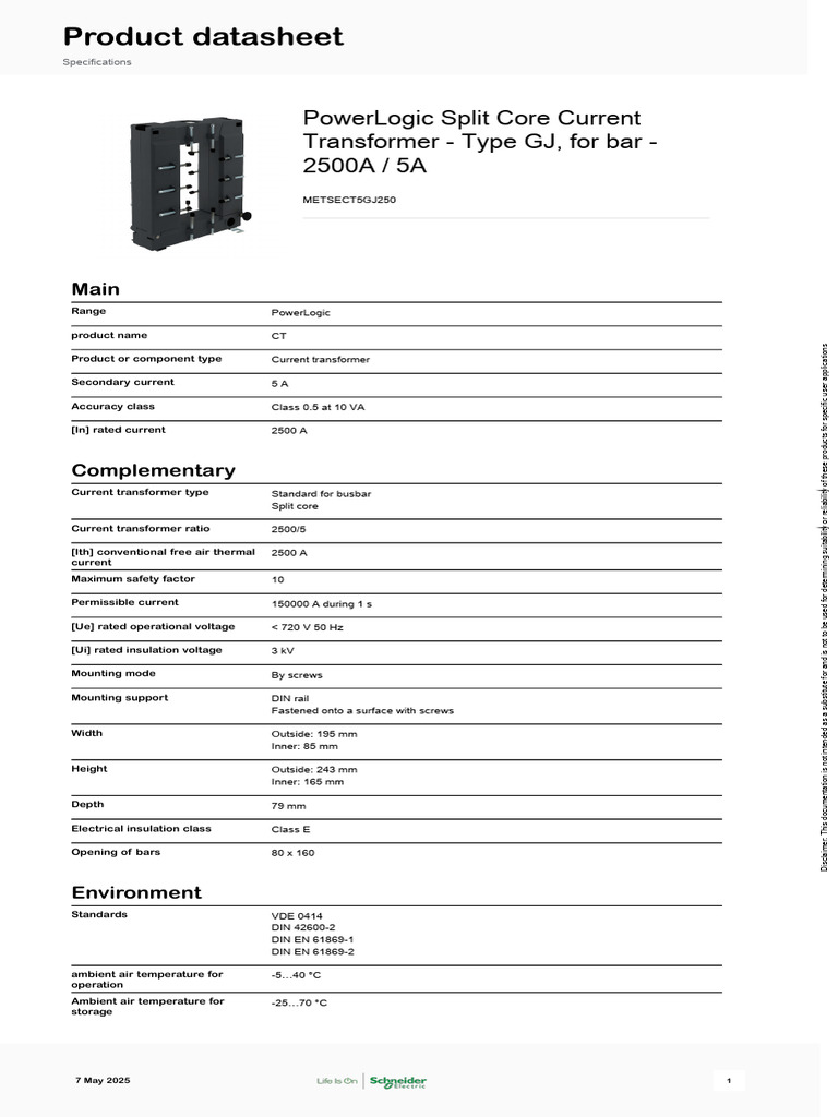 PowerLogic GJ 2500A Split Core CT | PDF | Power (Physics) | Electrical ...