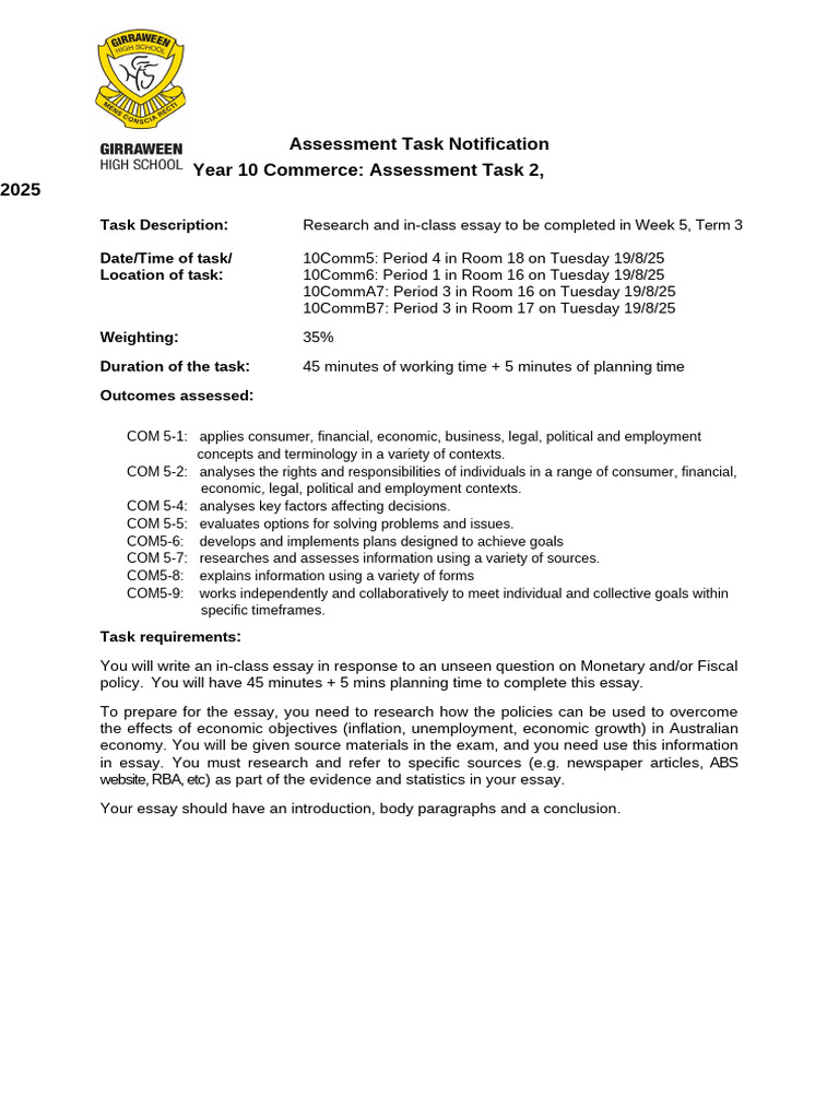 Year 10 Commerce Essay Task Details | PDF | Essays | Fiscal Policy