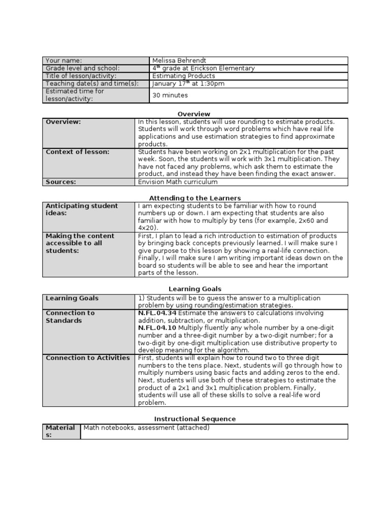 Sample Math Lesson Plan | Multiplication | Rounding