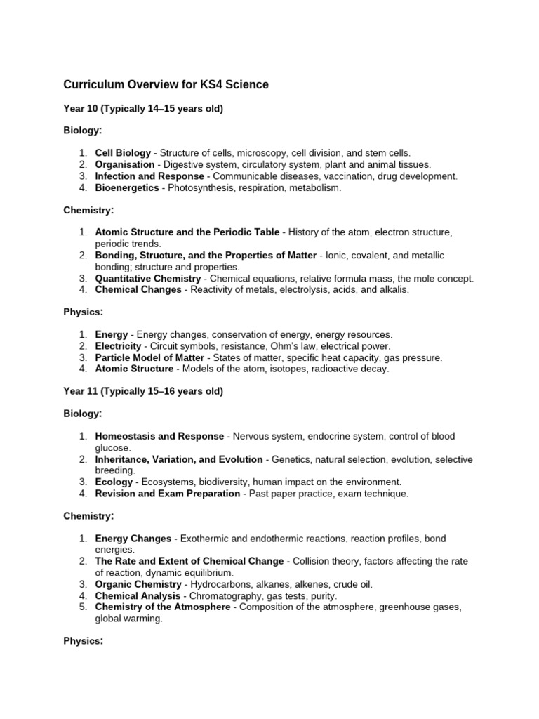 Curriculum Overview For KS4 Science | PDF | Chemical Reactions | Chemistry