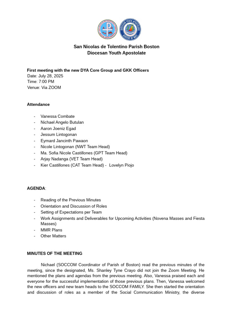 DYA Core Group Meeting Minutes - July 2025 | PDF