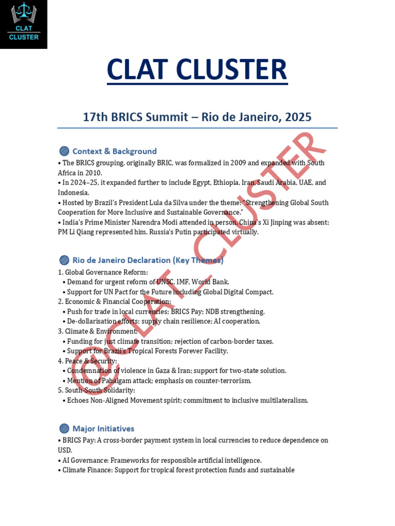 17th Brics Summit 2025 Notes @clat - Cluster | PDF | International ...