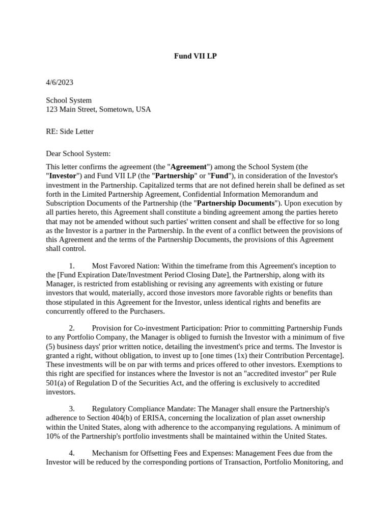 Fund VII LP Investor Side Letter Agreement | PDF | Partnership | Indemnity
