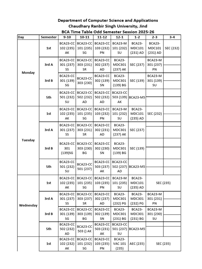 BCA Time Table 2025-26 Odd | PDF