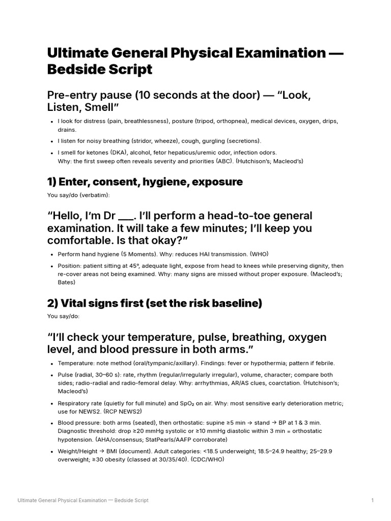 General Physical Exam Bedside Script | PDF | Blood Pressure | Medical ...