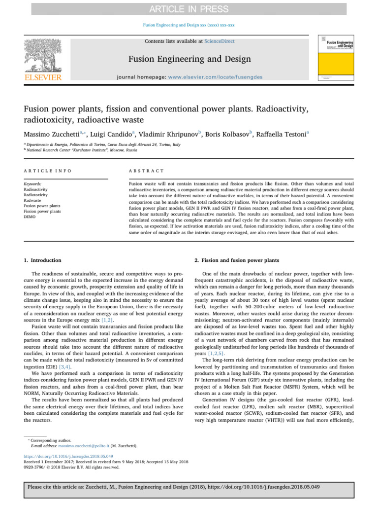 Fusion vs. Fission: Radiotoxicity Analysis | PDF | Fusion Power ...