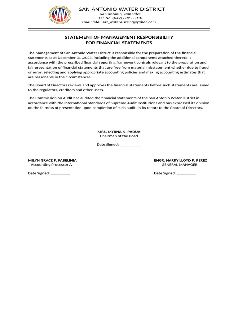 Statement of Management Responsibility For Fs | PDF