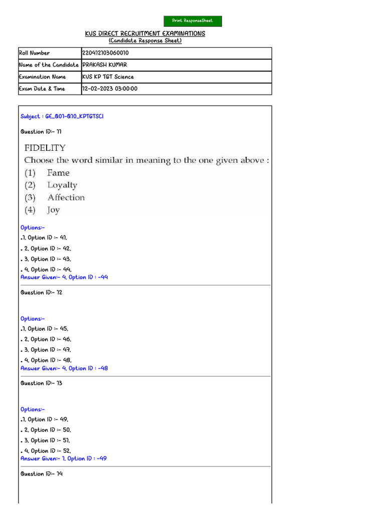 Response Sheet | PDF
