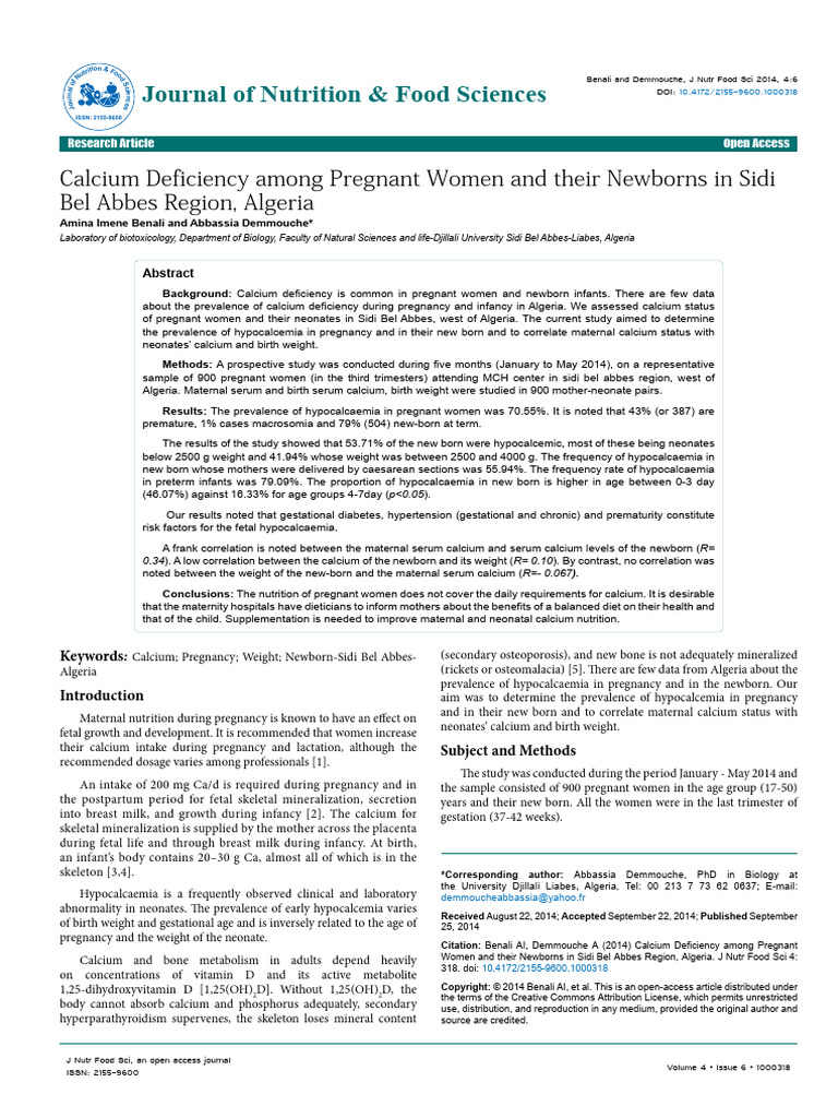 Calcium Deficiency Among Pregnant Women and Their Newborns in Sidi Bel ...