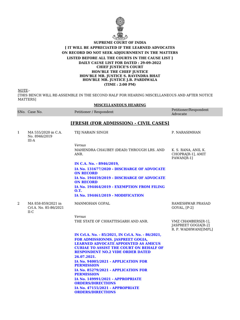 Cause List - 29 09 2022 | PDF | Jurists | Lawyer