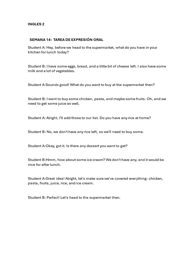 Oral Expression Task: Supermarket Dialogue | PDF