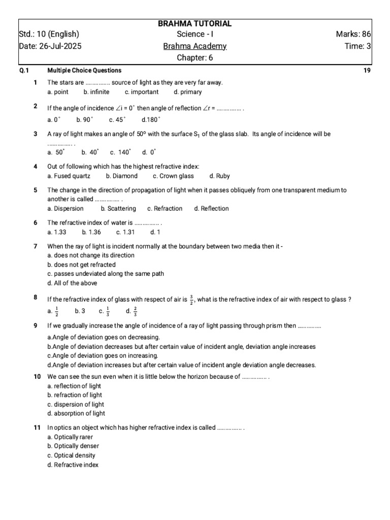science 1 chapter 6 objective | PDF | Refractive Index | Refraction