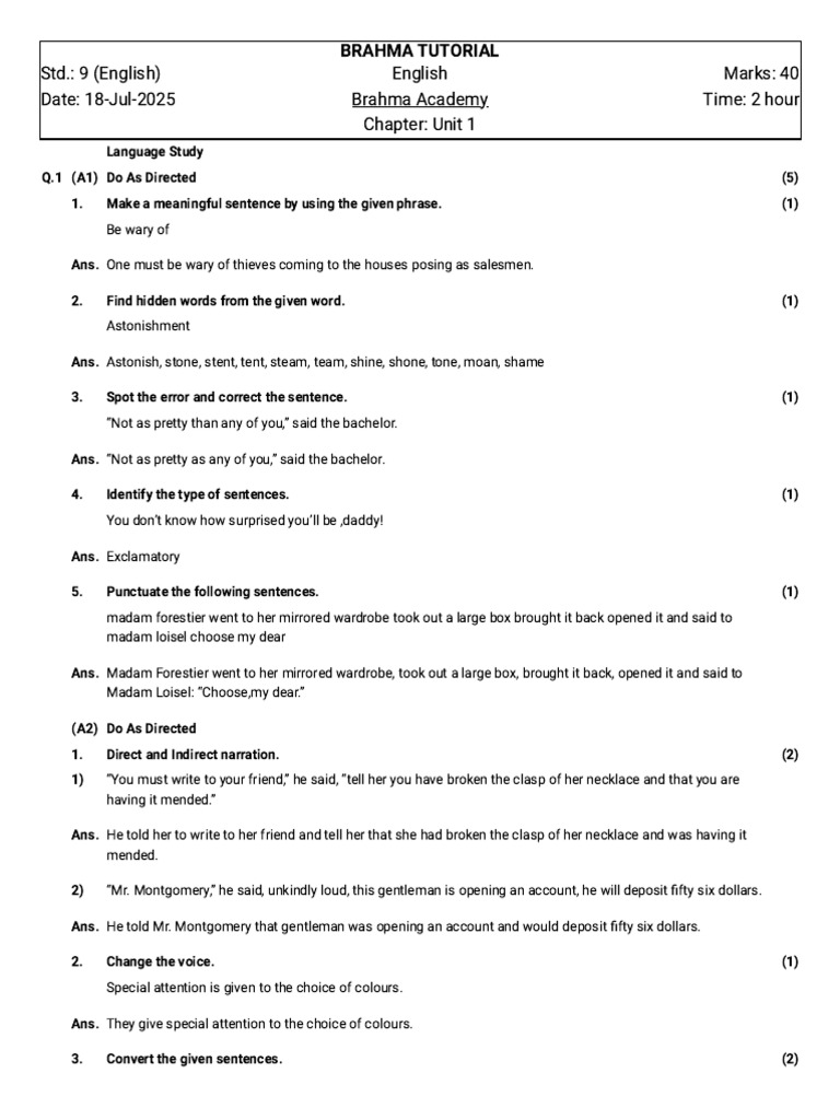 9th Eng unit paper answer | PDF | Poetry