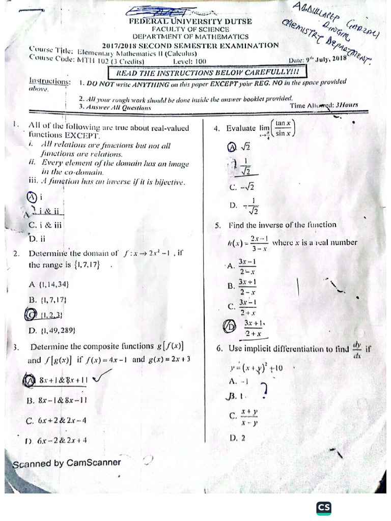Solved Math 102 Past Questions | PDF