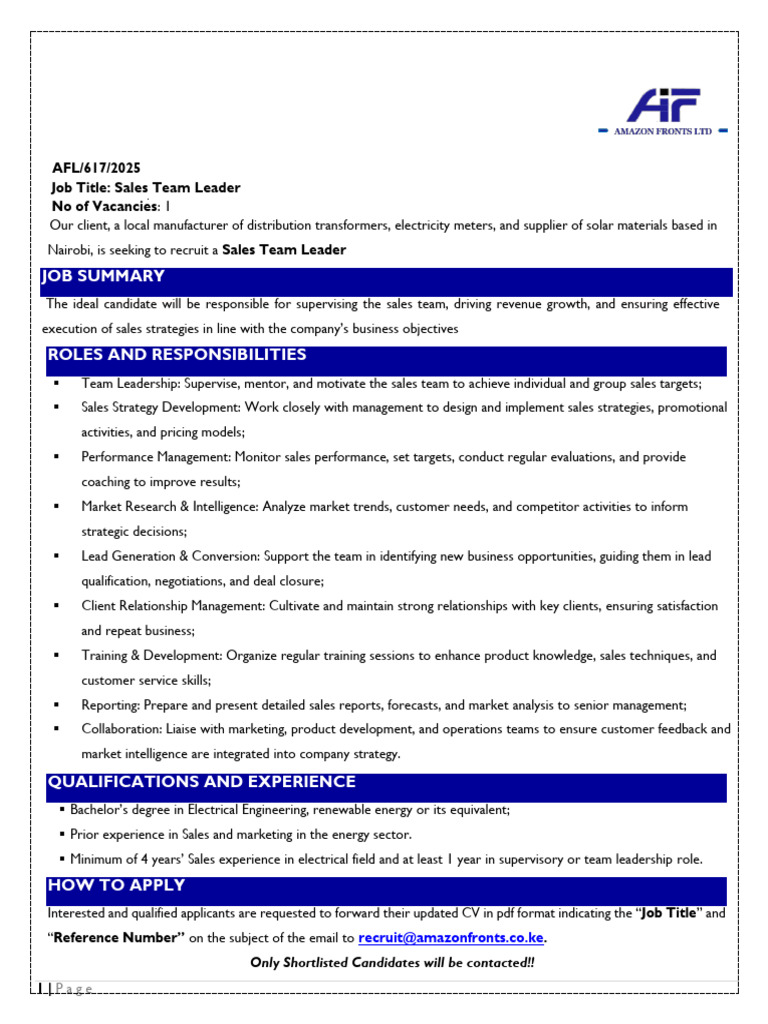 Sales Team Leader Job Description | PDF