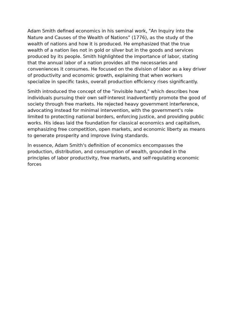Adam Smith's Definition of Economics | PDF