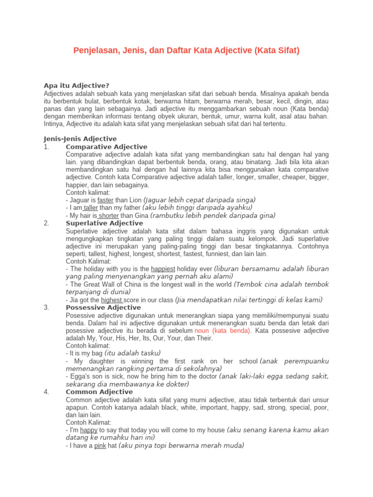 Jenis dan Contoh Kata Adjective | PDF