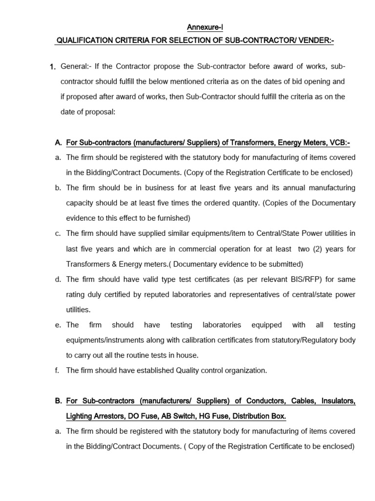 Sub-Contractor Qualification Criteria | PDF | Electrical Engineering ...