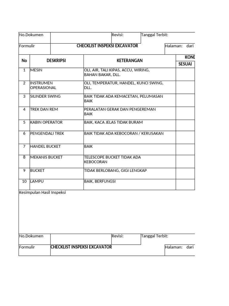 Form Check List Inspeksi Excavator | PDF