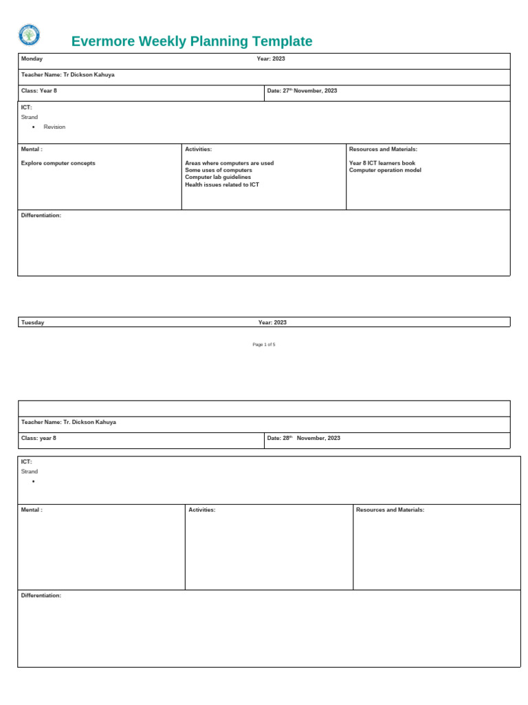 Year 8 Weekly ICT Planning Template | PDF | Computing