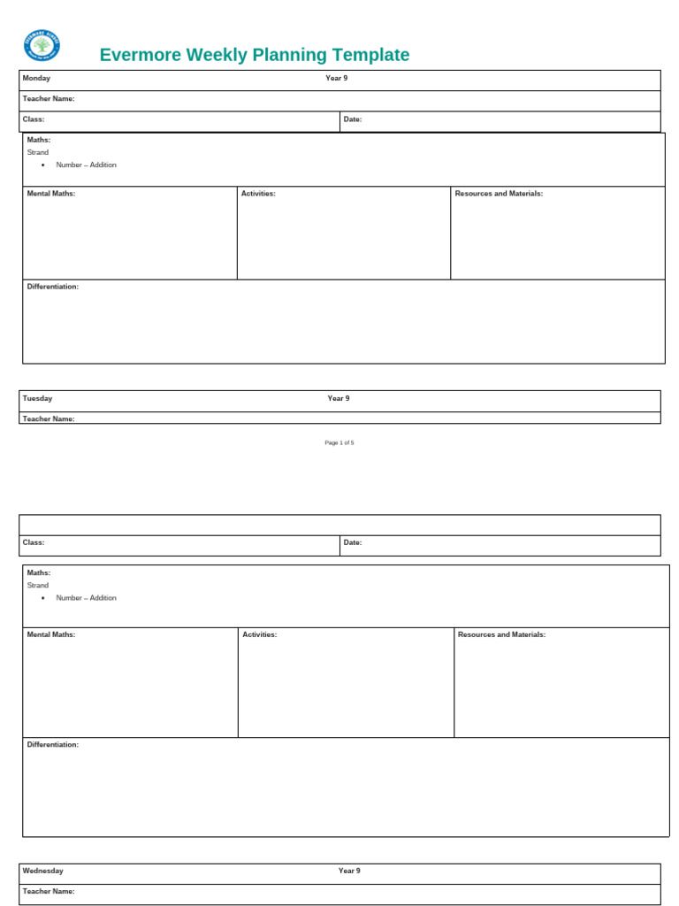 Year 9 Maths Weekly Planner Template | PDF