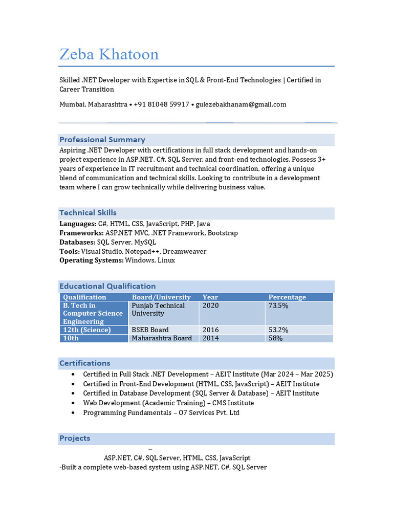 Zeba Khatoon Updated MNC Resume 1234 | PDF | Recruitment | Java Script