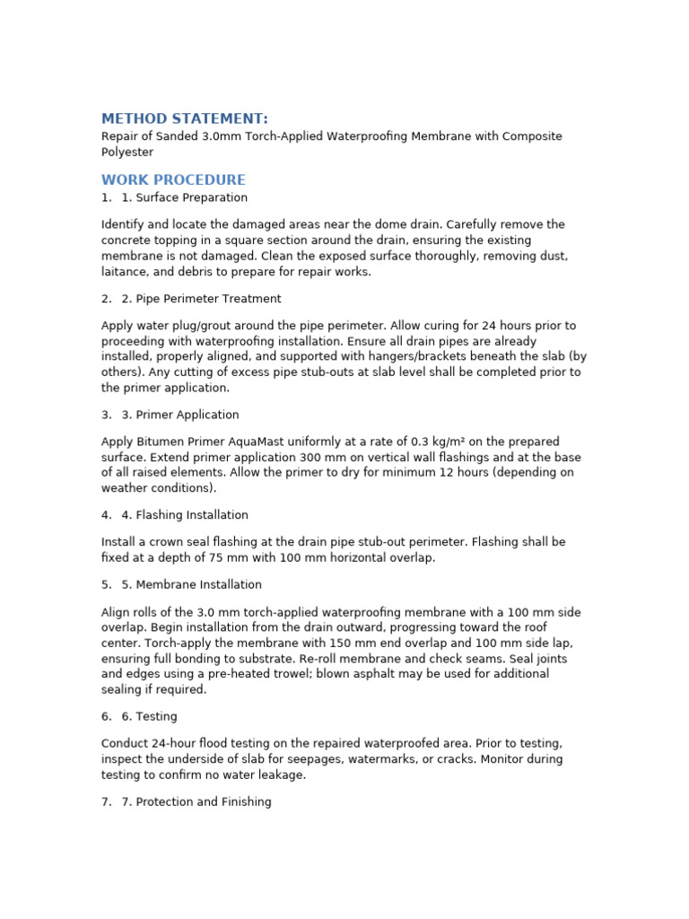 Method Statement Waterproofing Repair | PDF | Pipe (Fluid Conveyance ...