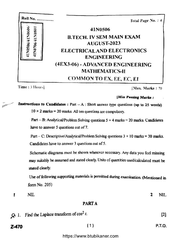 Btech Ex Ee Ec Ei 4 Sem Advanced Engineering Mathematics 2 41n0506 Aug 2023 | PDF