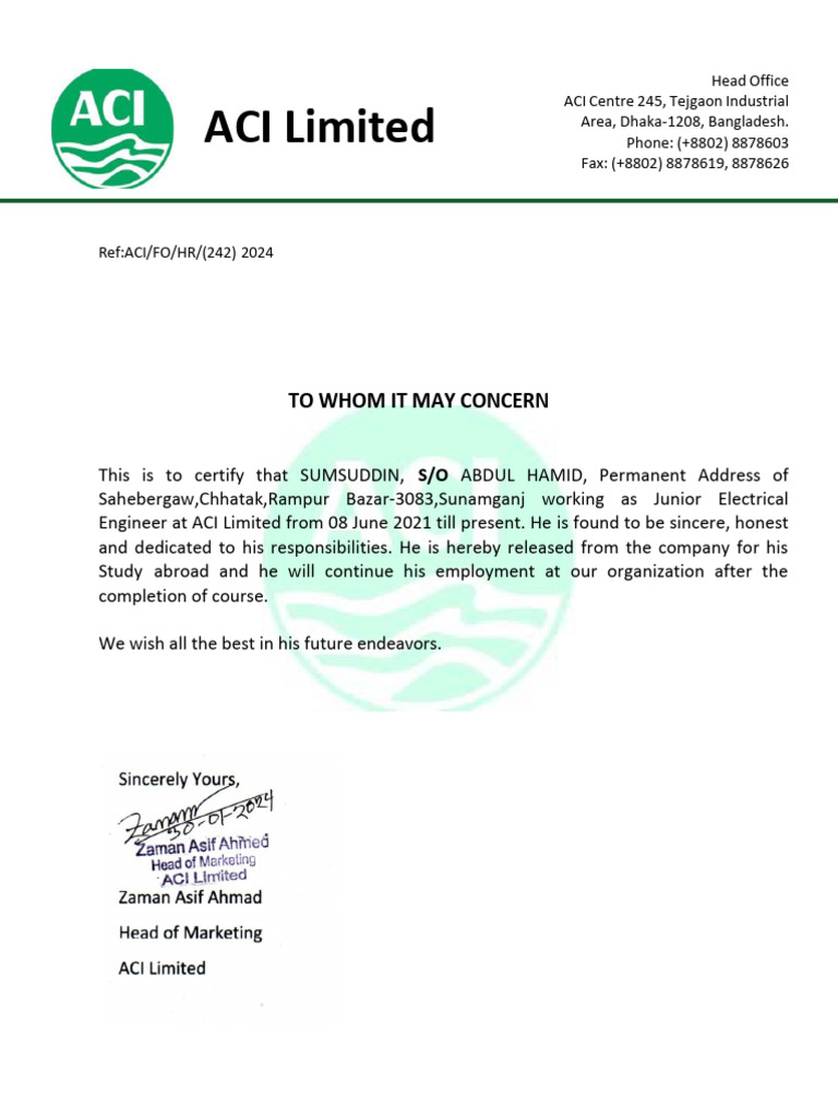 Experience Certificate for Sumsuddin | PDF